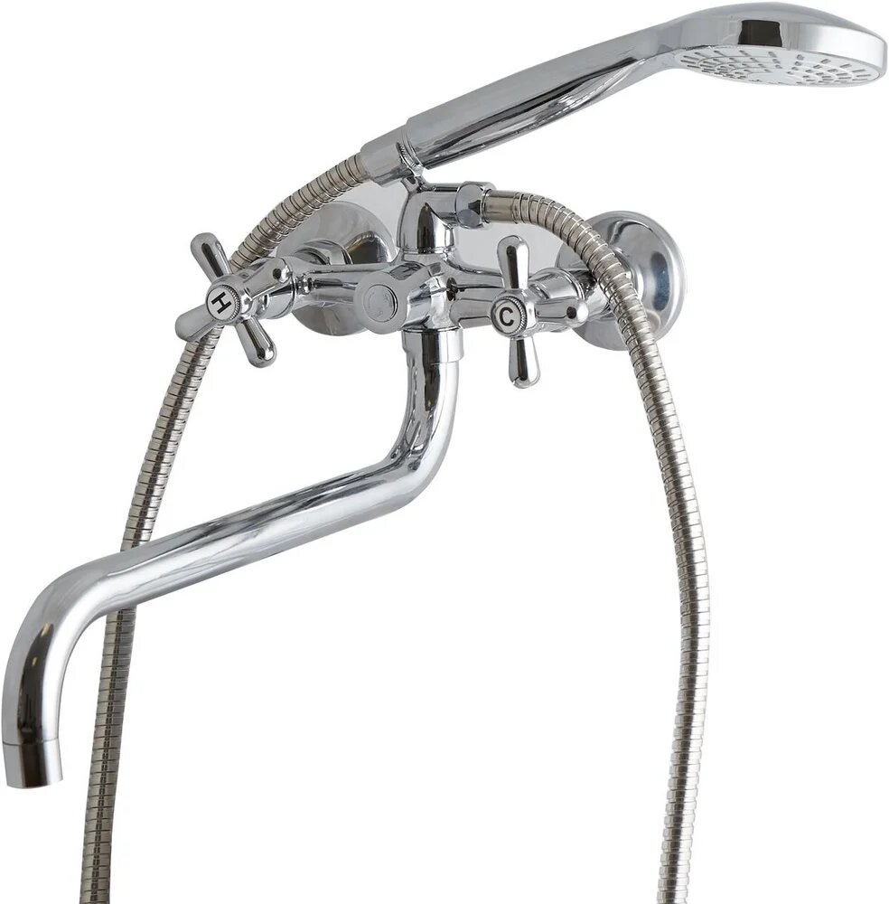 Смеситель с длинным изливом для ванны Dorff Vintage D6095000 с душевым гарнитуром, поворотный, латунный, хром, глянцевый, смеситель для ванны с душем, вентильный