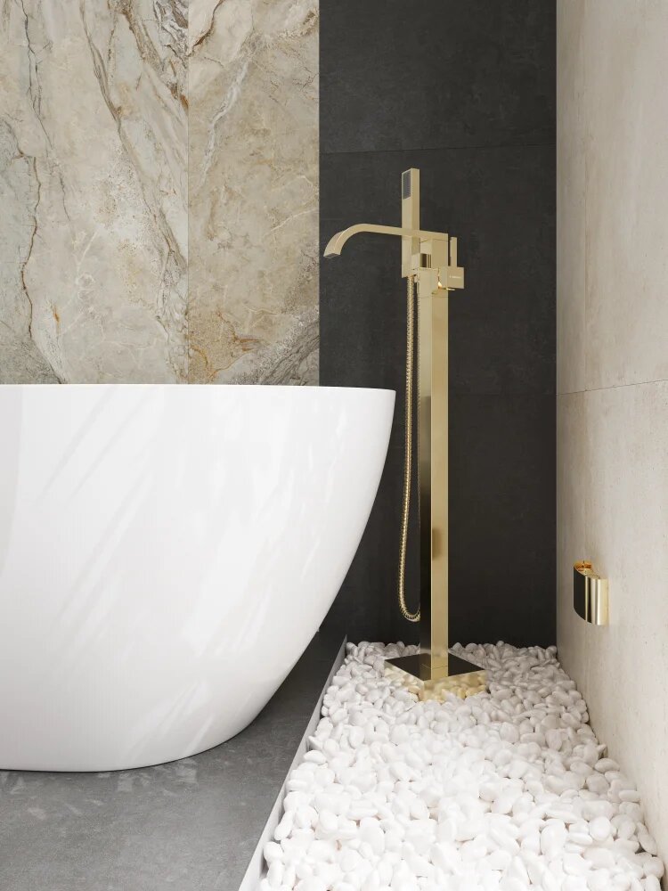 Напольный смеситель для ванны с душем STWORKI Эстерсунд S31080GG с душевым гарнитуром, золотой, глянцевый, латунный, с керамическим картриджем