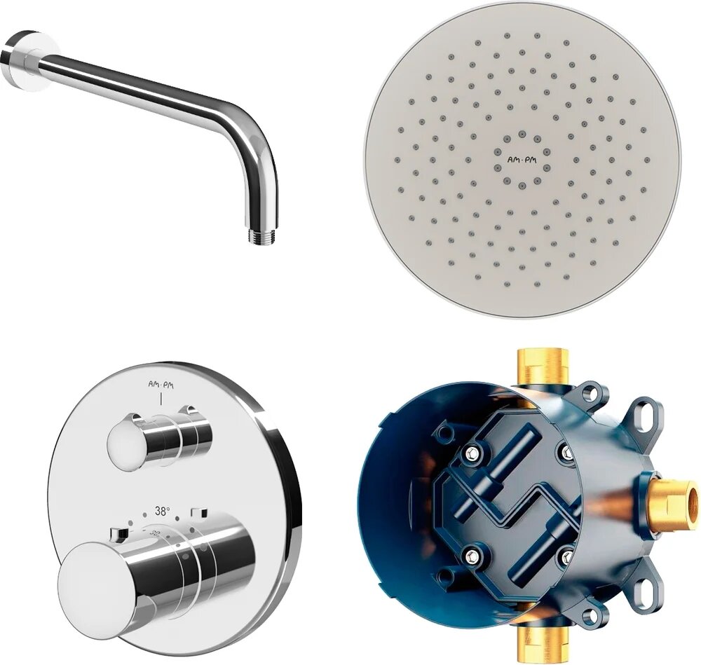 Душевой комплект AM.PM Like 2 4 в 1, встраиваемый, с внутренней частью в комплекте, со смесителем, с тропическим душем, хром, глянцевый, душевая система