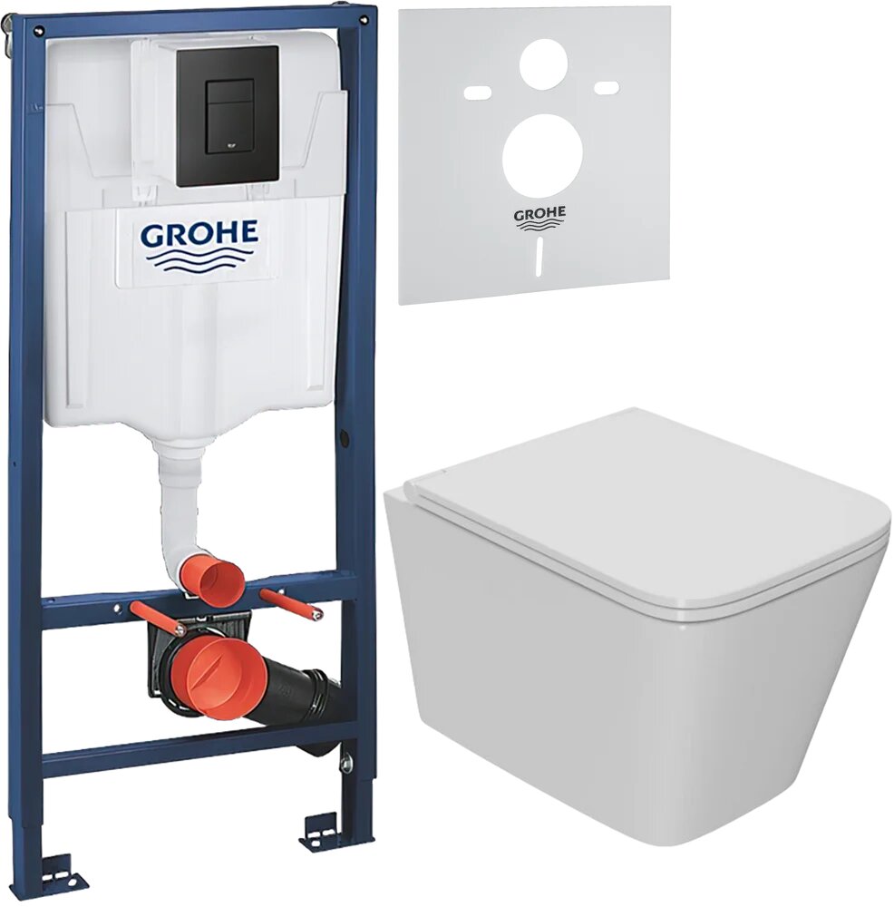 Комплект 3 в 1 Унитаз подвесной Bauedge Bau Stil Hurricane-2 безободковый, с микролифтом, белый / Инсталляция с кнопкой Grohe Solido 38811KF0 цвет черный / Звукоизоляция 37131000