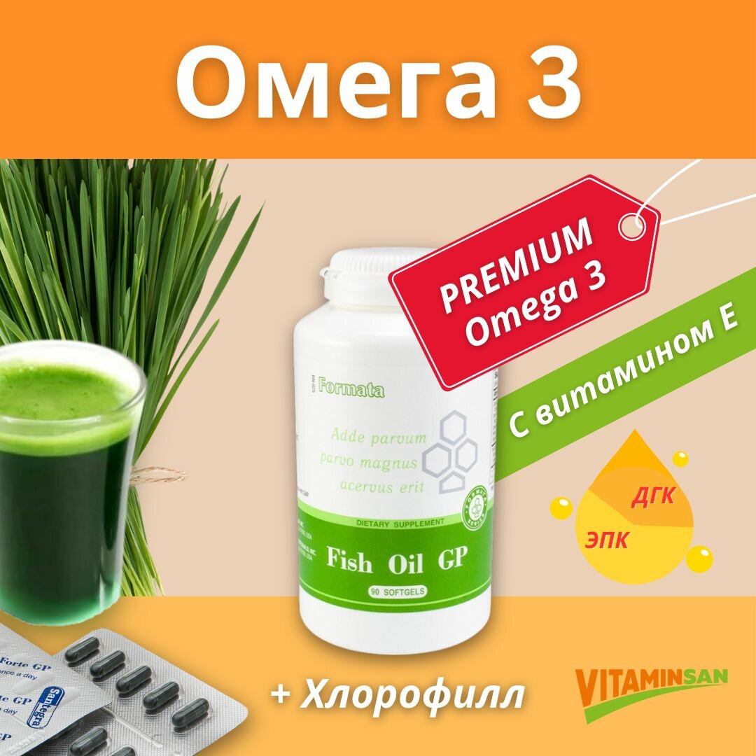 Фиш Ойл Джи Пи+ хлорофилл на 2 недели Santegra , премиальные Омега-3 для сердца и сосудов , 90 капсул , Сантегра