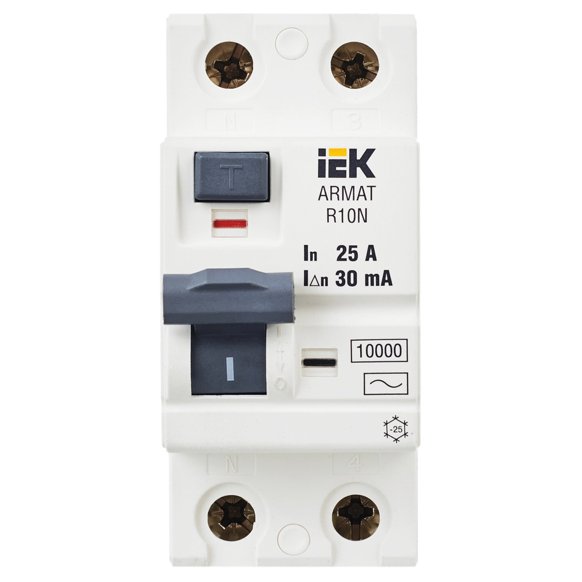 Выключатель дифференциального тока IEK ARMAT R10N, 2P, 25А, 30мА, тип AC, 230В, 10кА, IP20