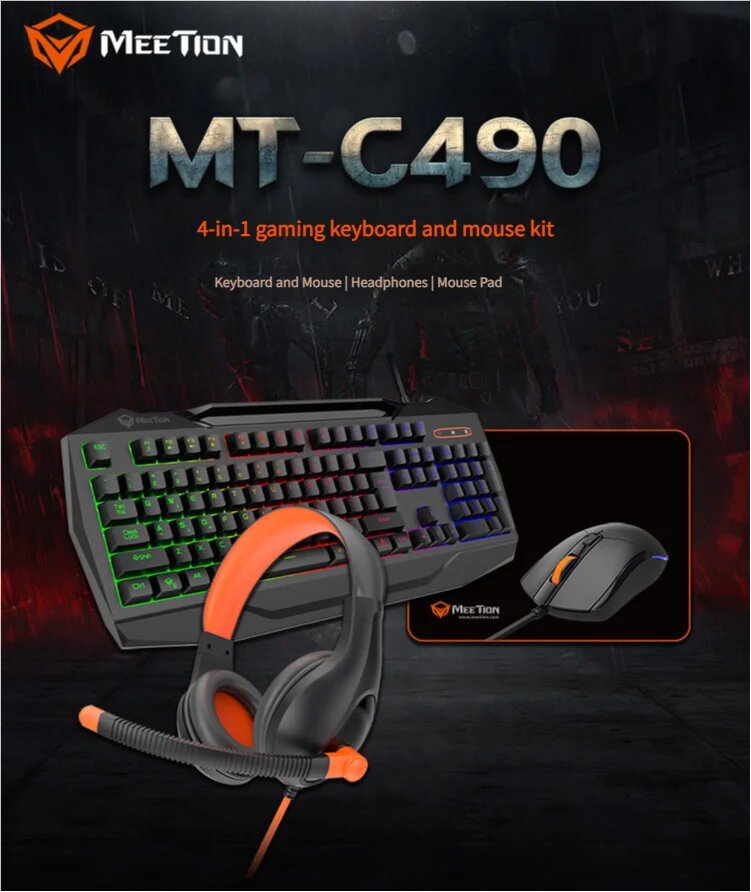 Meetion Mishen C490 игровая клавиатура, гарнитура, коврик для мыши, набор «четыре в одном», светящийся арабский дизайн для киберспорта, Черный