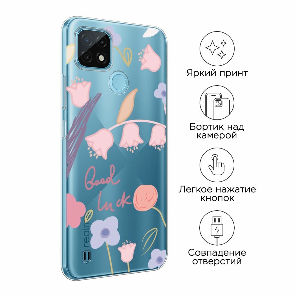 Чехол на Realme C21 / Реалми С21 с принтом "Lucky flowers", прозрачный — фото 1