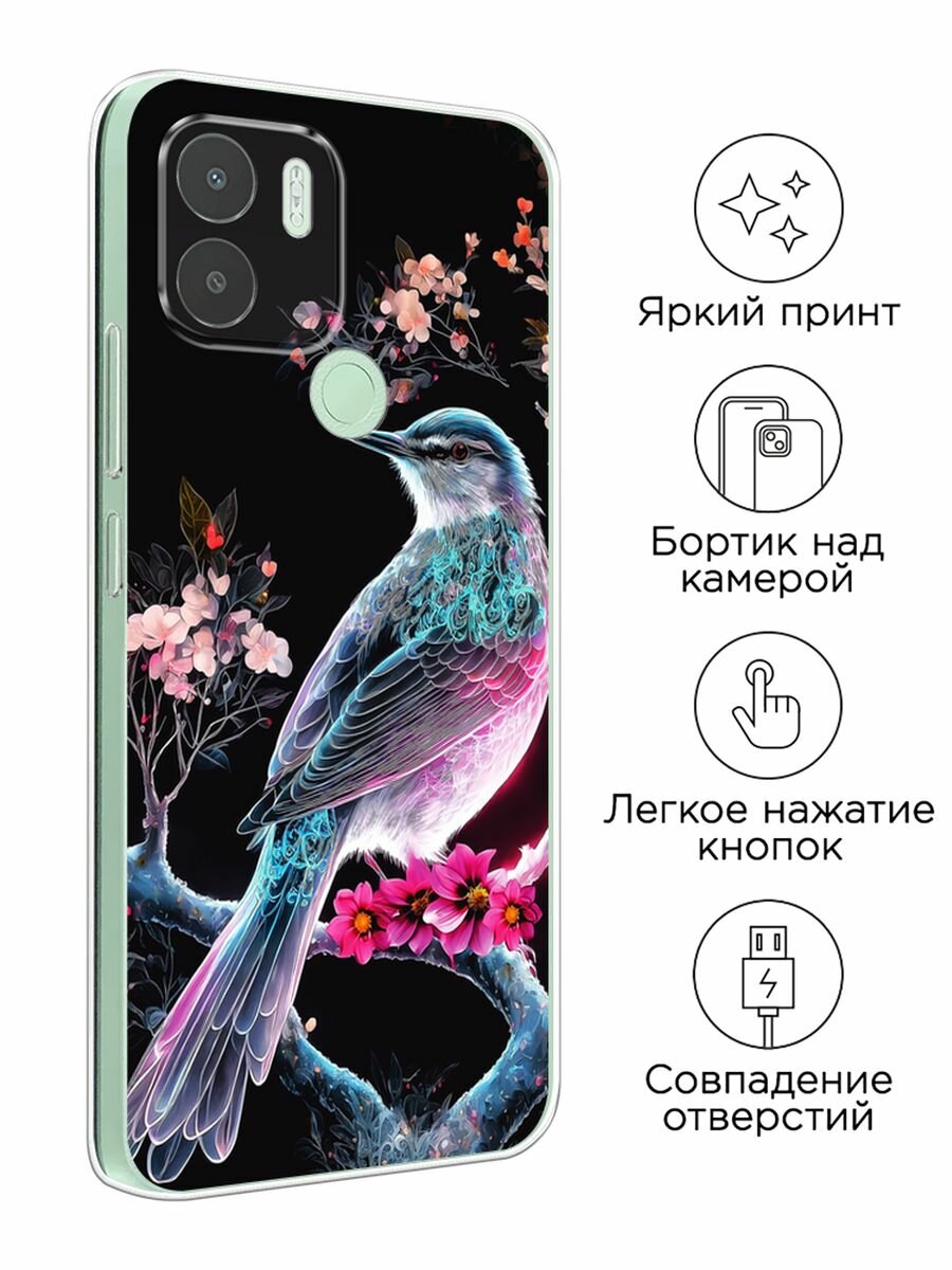 Чехол на Xiaomi Redmi A1+/Redmi A2+/Poco C51/C50 / Редми A1+ с принтом "Птица на цветущем дереве" — фото 1