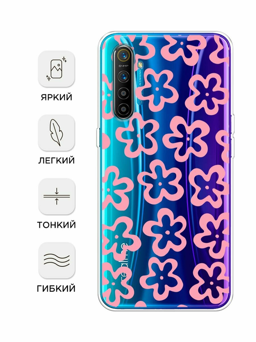 Чехол на Realme XT / Реалми XT с принтом "Простые розовые цветочки", прозрачный — фото 1