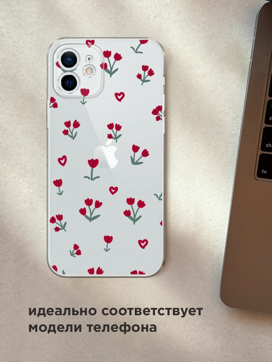 Чехол на Apple iPhone 12 mini / Айфон 12 Мини с принтом "Красные тюльпанчики", прозрачный — фото 1