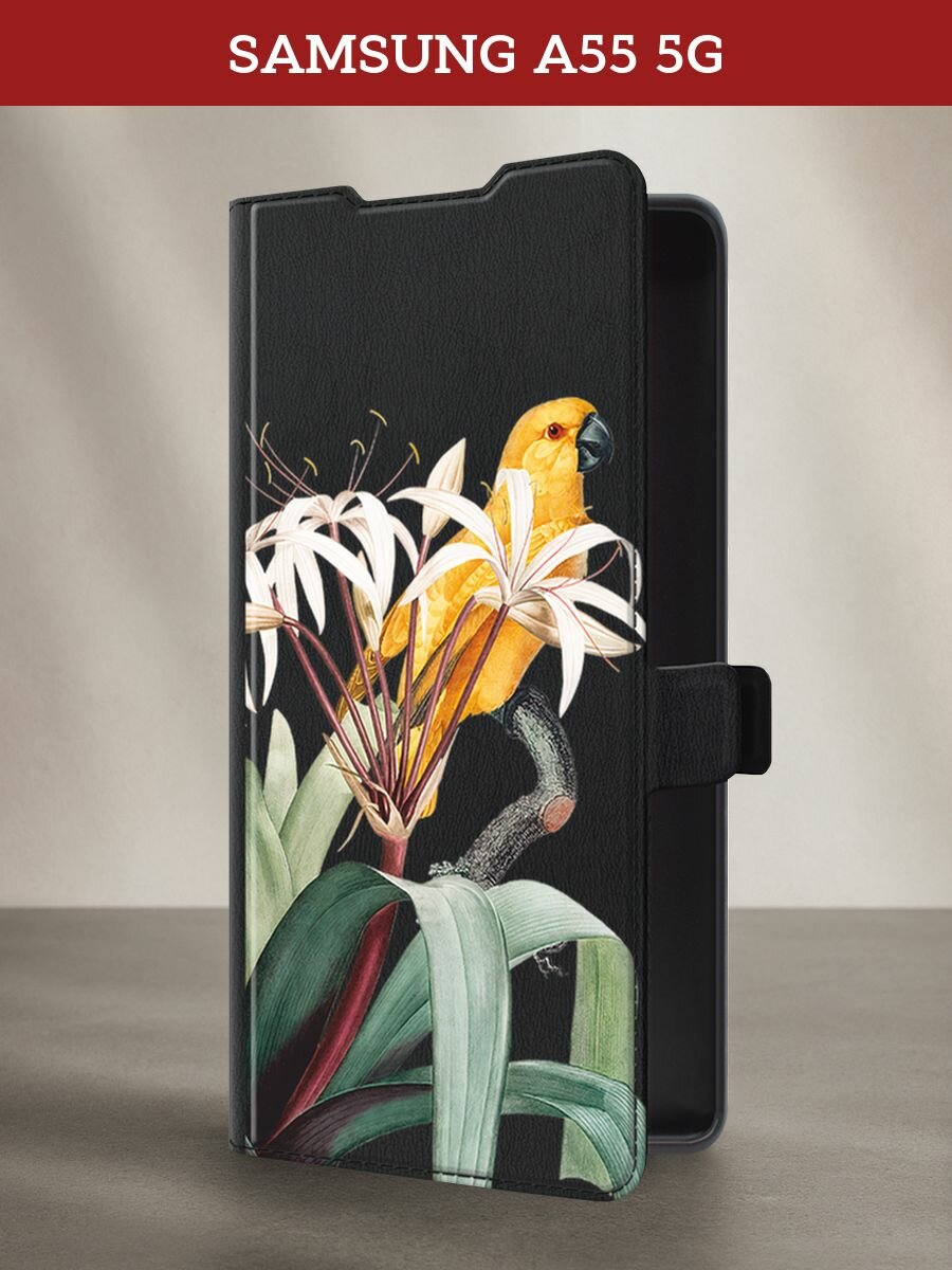 Чехол-книжка на Samsung Galaxy A55 5G / Самсунг А55 5G с рисунком "Цветок с попугаем"