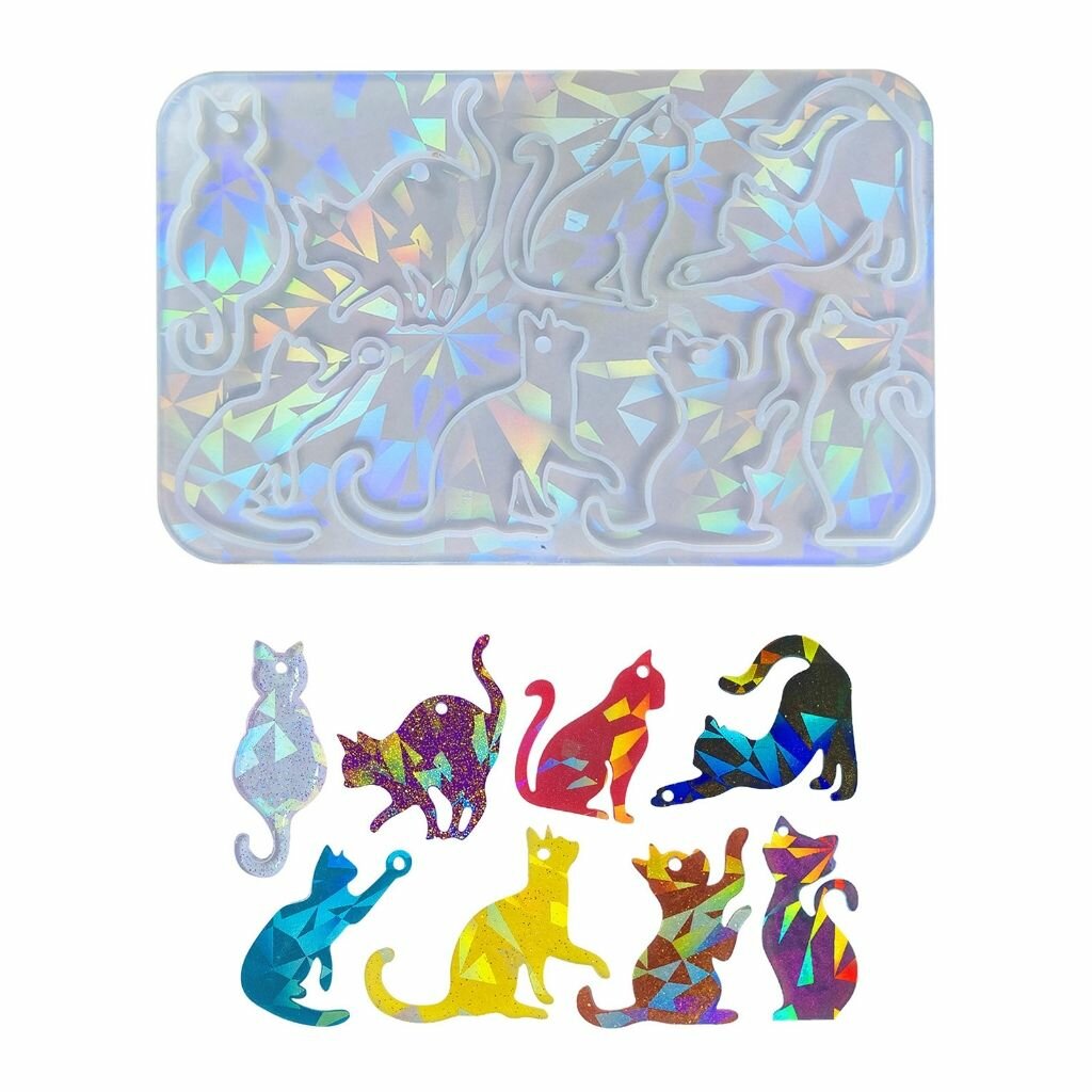 Силиконовая форма для подвески с голографическим котом-прозрачная