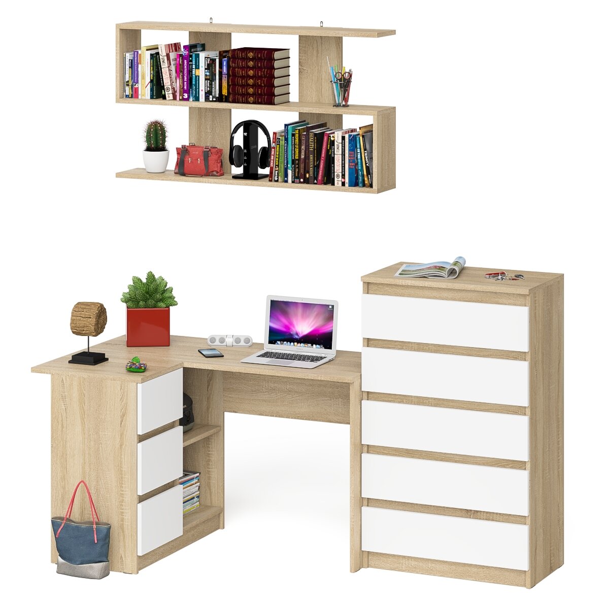 Угловой компьютерный стол Мори МС-16 левый с навесной полкой и комодом, дуб сонома/белый, 194,8х84,9х209,6 см.