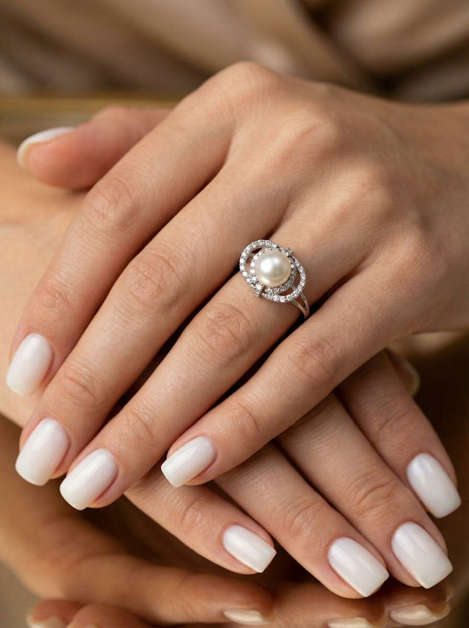 Кольцо тонкое, серебро, 925 проба, родирование, жемчуг культивированный, фианит