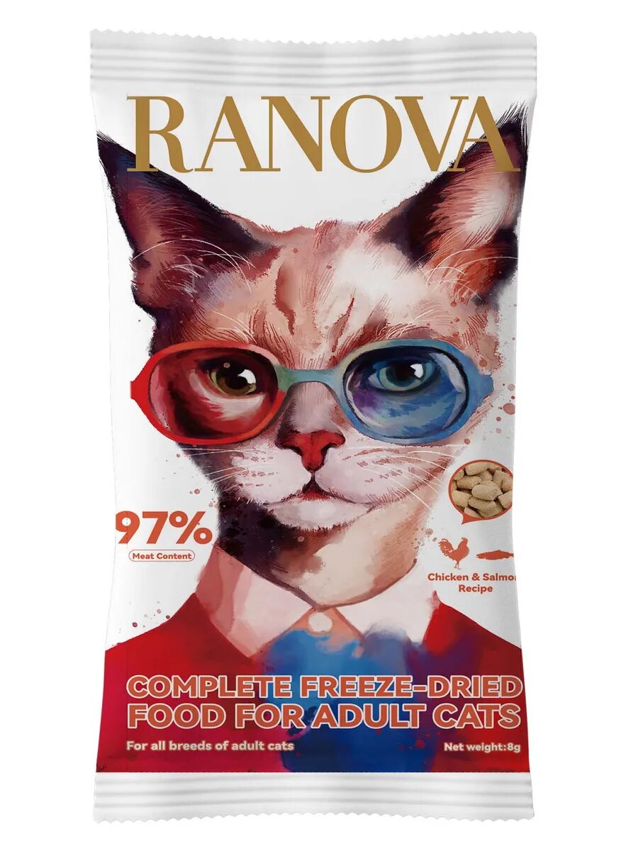 Полнорационный сухой сублимированный корм для кошек Ranova с курицей и лососем, 8 гр