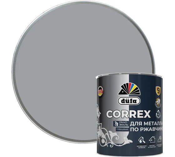 Dufa Грунт-эмаль по ржавчине гладкая Correx 3 в 1 RAL-7004 серый 0,75 л