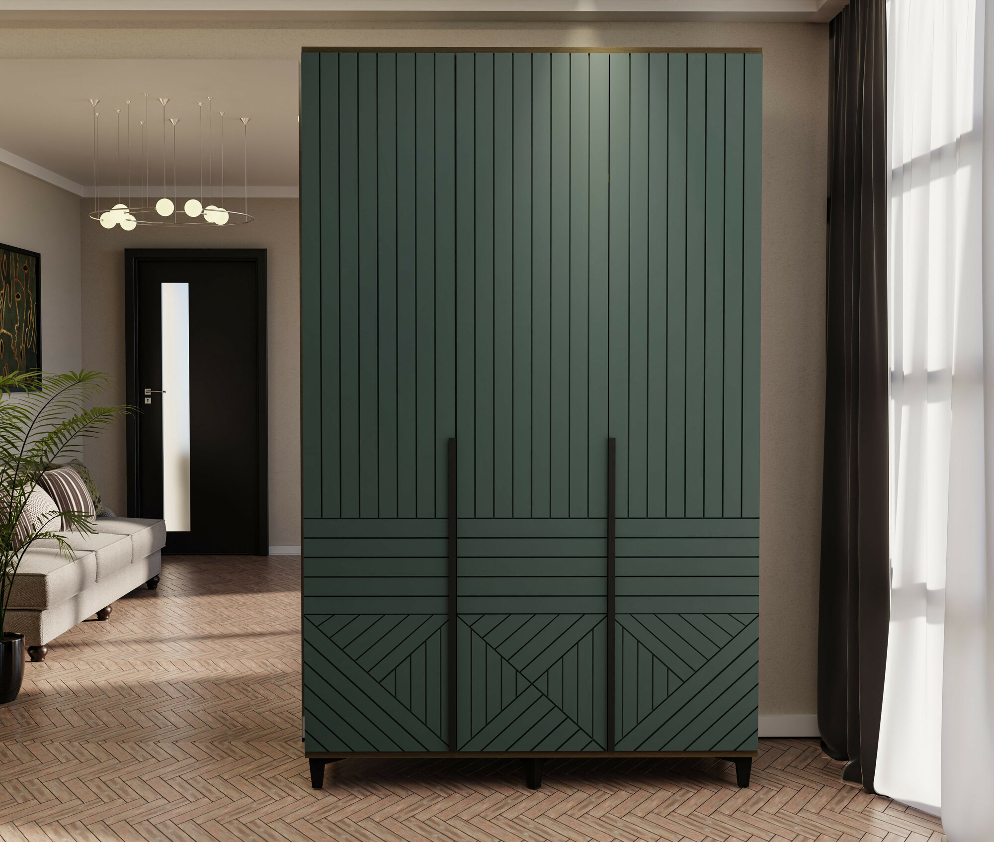 Шкаф распашной 3-х створчатый с полками и штангой Палау 135,2х50х210см, Табак/МДФ Темно-зеленый софт, петли с доводчиком