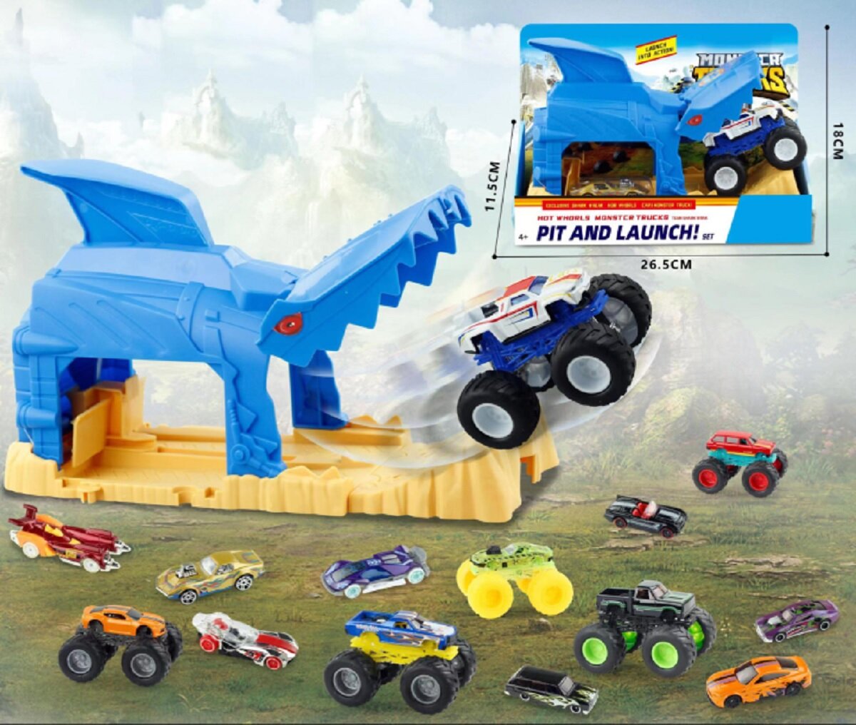 Грузовик-монстр HOT WHEELS MONSTR TRUCK, с выпускной платформой, с трамплином Акула