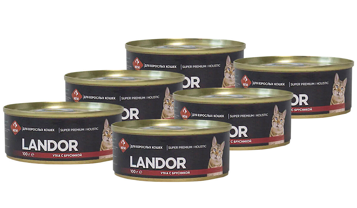 Корм влажный Landor для взрослых кошек, утка и брусника, 100 г х 6 шт