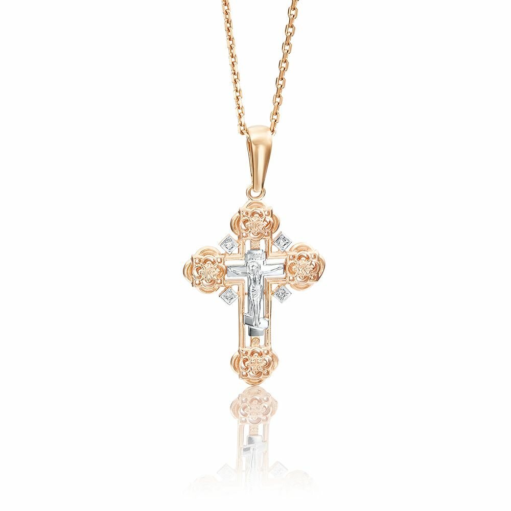 Крестик, комбинированное золото, 585 проба, родирование, фианит