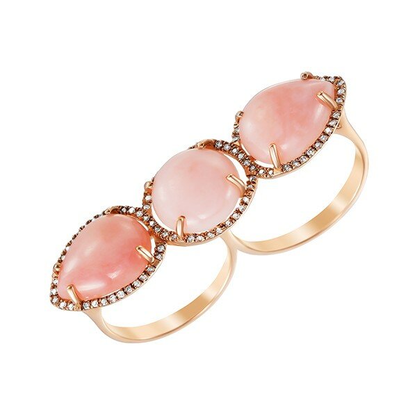 Кольцо на два пальца, на две фаланги, красное золото, 585 проба, бриллиант, опал