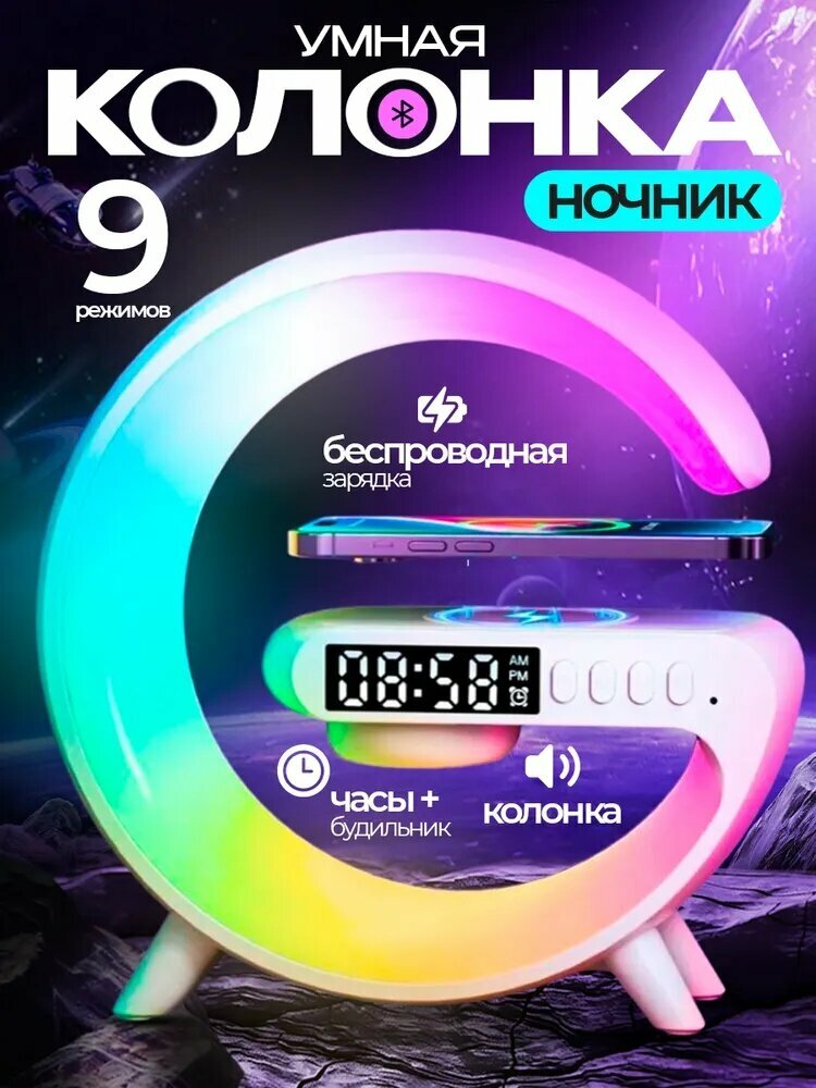 Блютуз колонка ночник с беспроводной зарядкой и подсветкой/Умный ночник 4в1: Bluetooth колонка, RGB-подсветка, беспроводная зарядка, часы/будильник