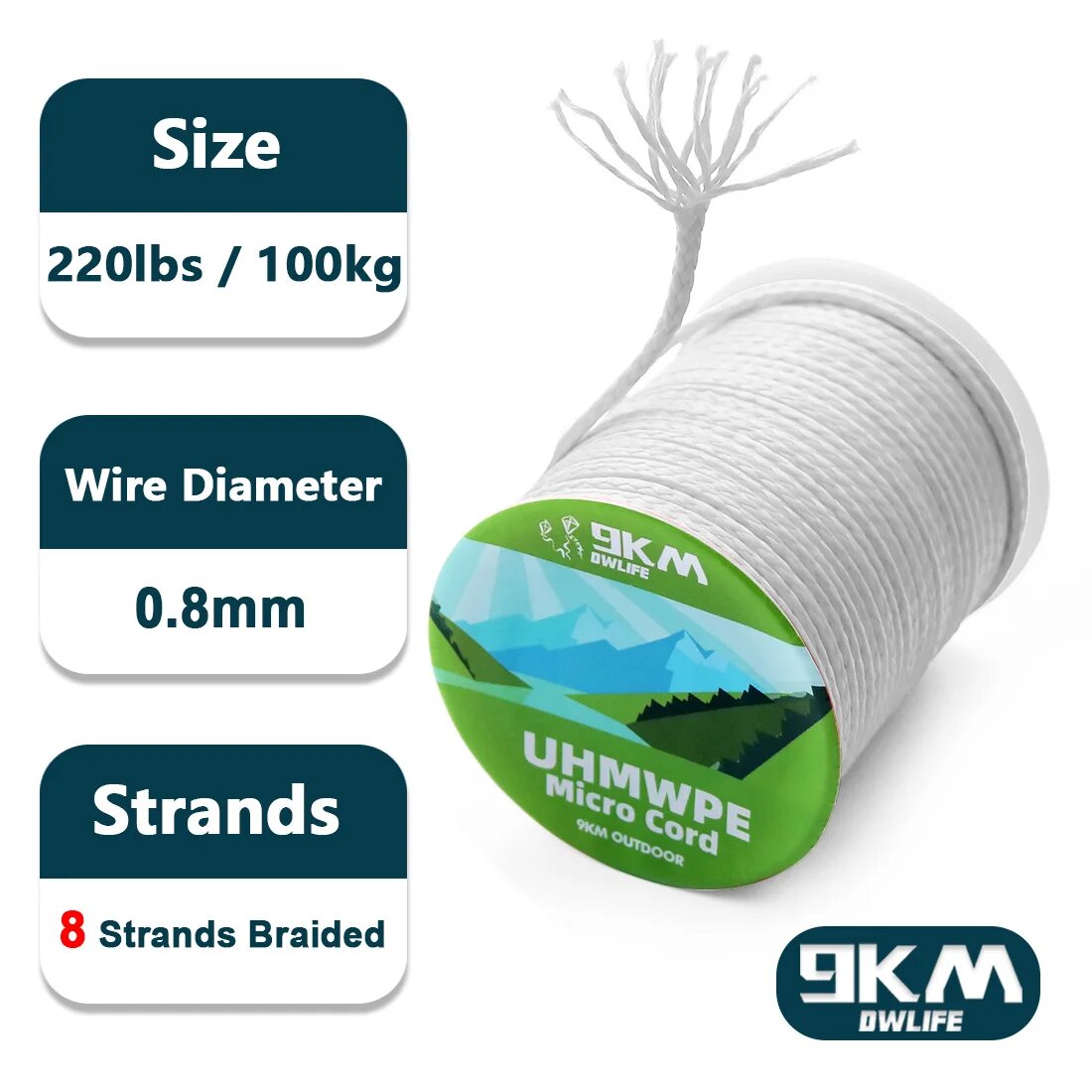 9KM DWLIFE UHMWPE Micro Cord, Белый, 30м, 220lbs, 0.8мм