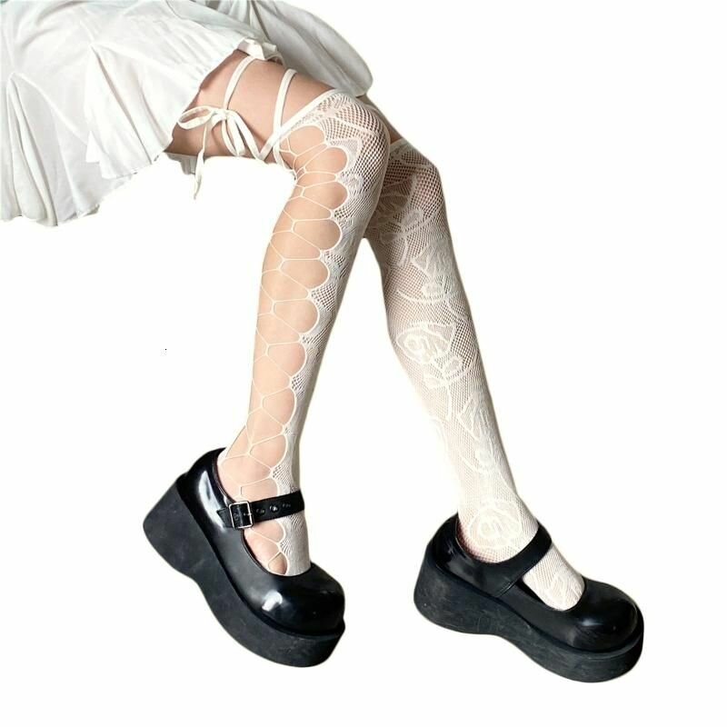 Летние тонкие женские ажурные гольфы в японском стиле с бантом, Белый