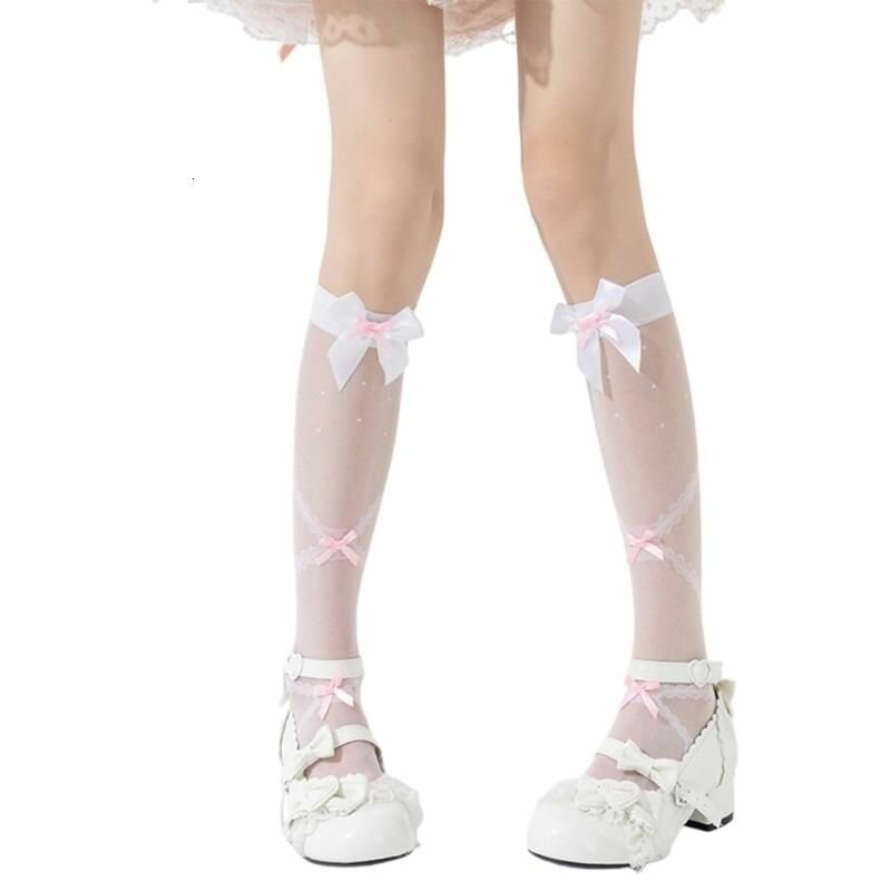 Женские прозрачные гольфы с бантом, Белый порошок