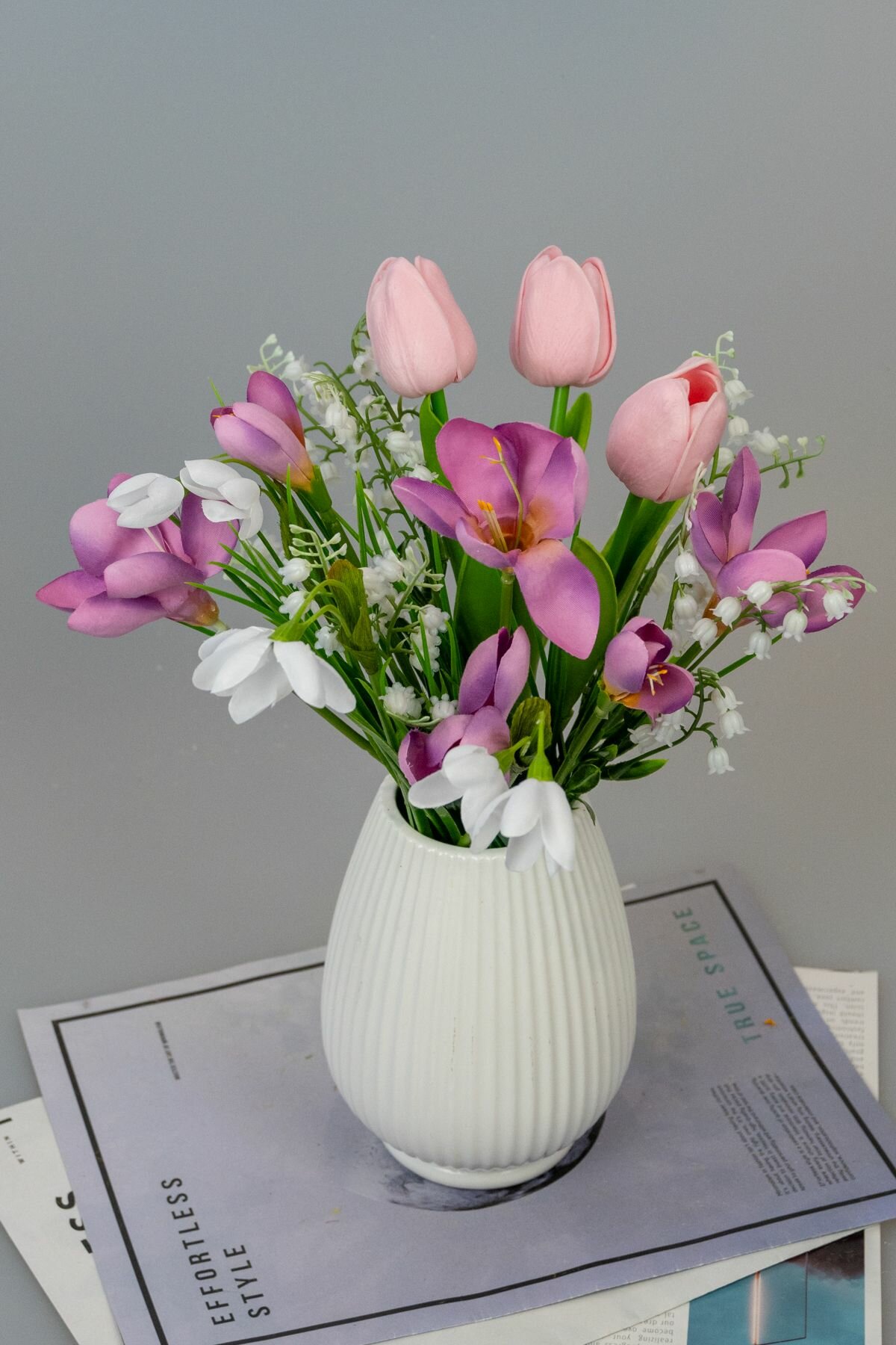 Искусственные цветы для декора в вазу Букет весенний композиция с тюльпанами подснежниками крокусами и ландышами №4