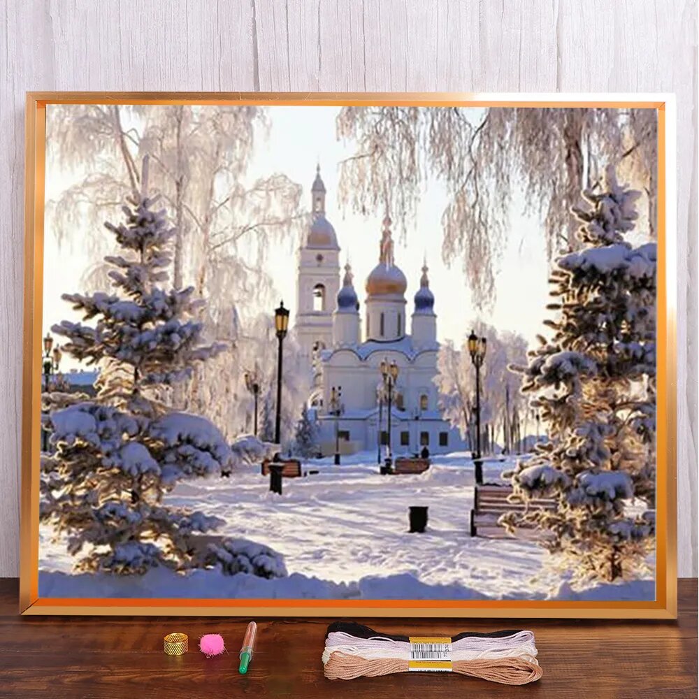 MEIAN Набор для вышивания,30x40CM, Чистый холст с сеткой,14CT, Церковь зимой