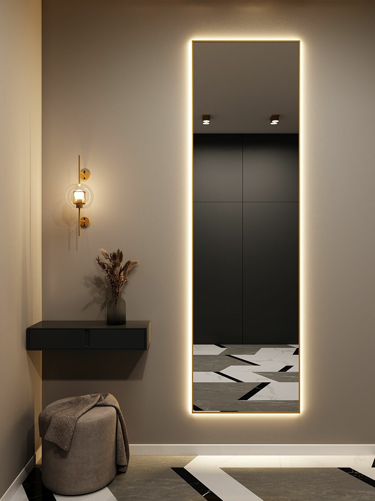 Зеркало настенное 220х70 см. золото с подсветкой. Свет: Теплый белый 3000К. В алюминиевой раме интерьерное BLX MIRROR