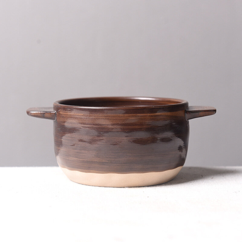 Японская керамическая миска с двумя ушками, суповая миска, домашняя ретро грубая керамика, электрическая керамическая плита, миска для каши, миска для лапши быстрого приготовления, миска для запеченного риса, посуда