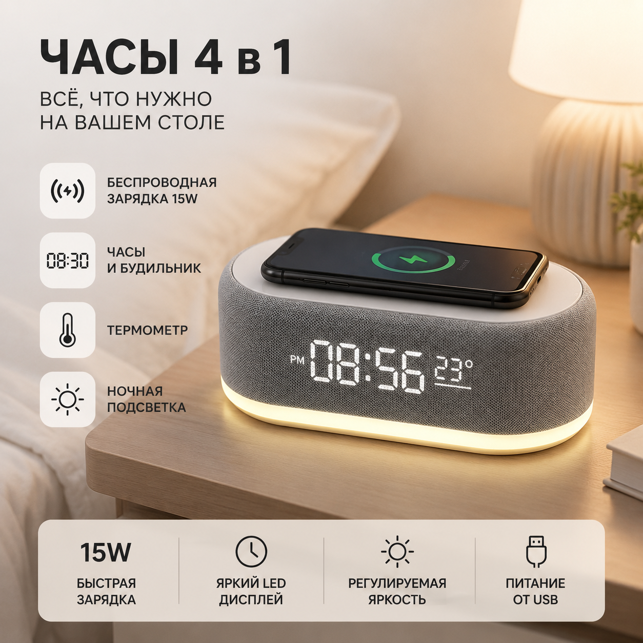Электронные часы с беспроводной зарядкой 15W, будильник, термометр и ночная подсветка