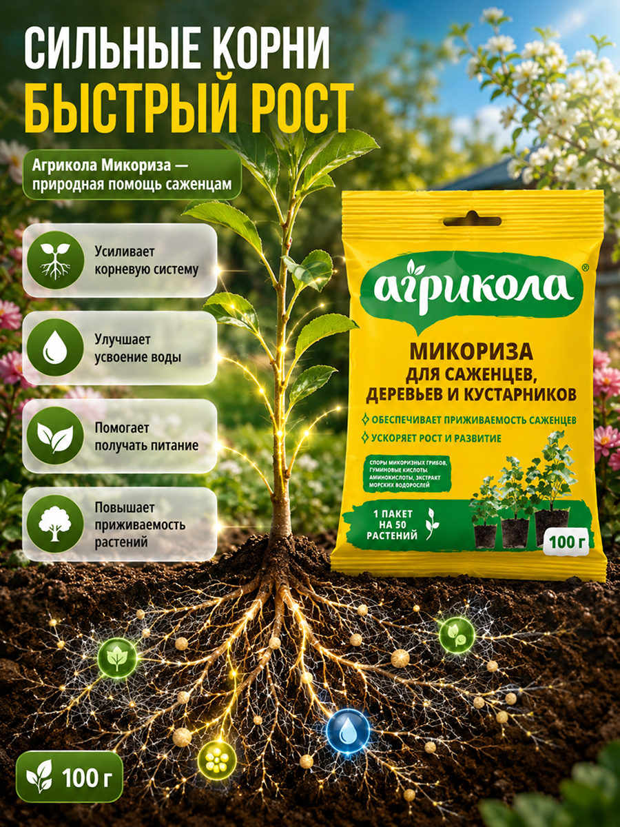 Удобрение для саженцев, деревьев и кустарников Микориза 100 г, Агрикола