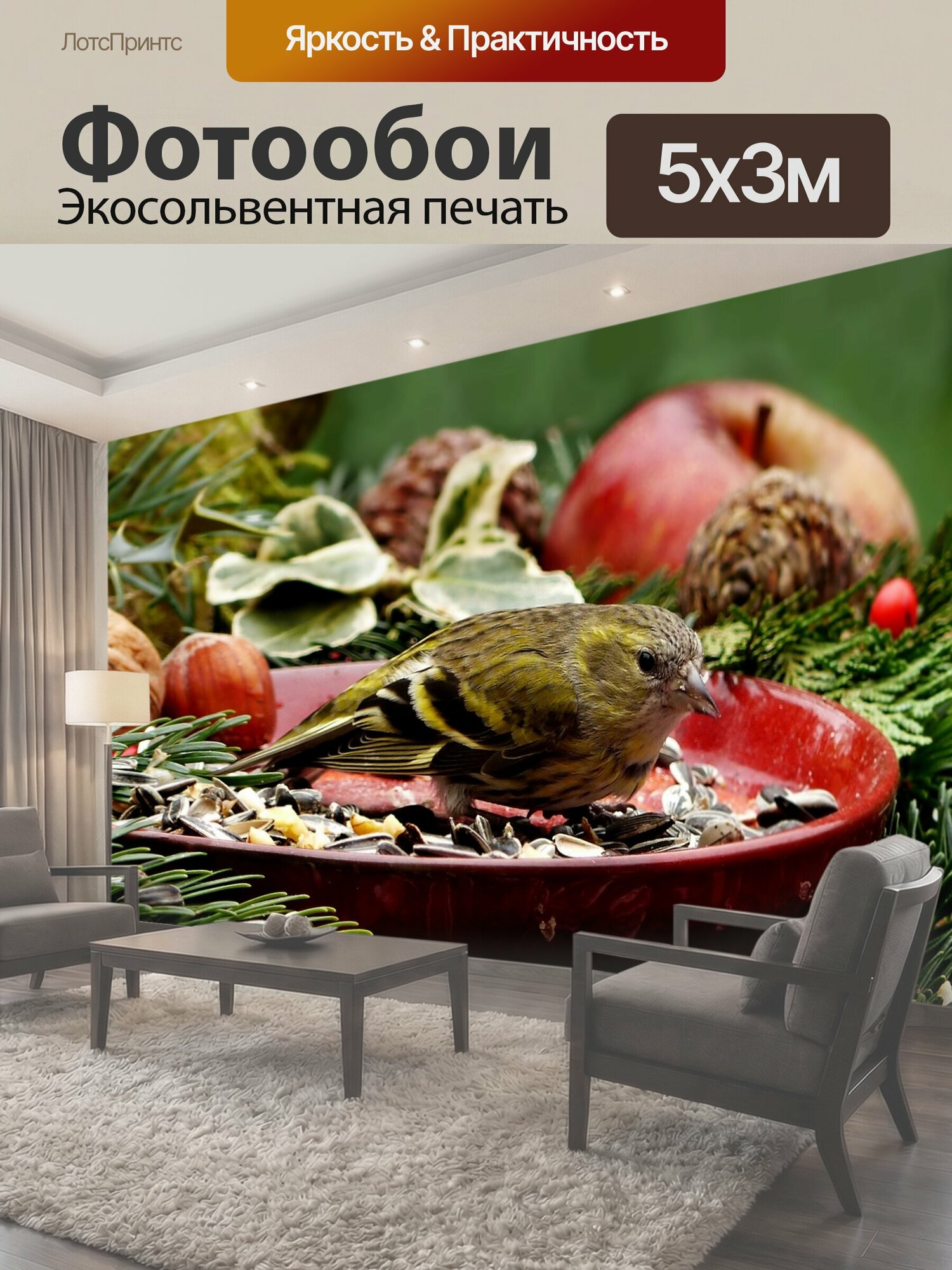 Фотообои "Животное, птица, чиж" 500x300 см. экосольвентная печать