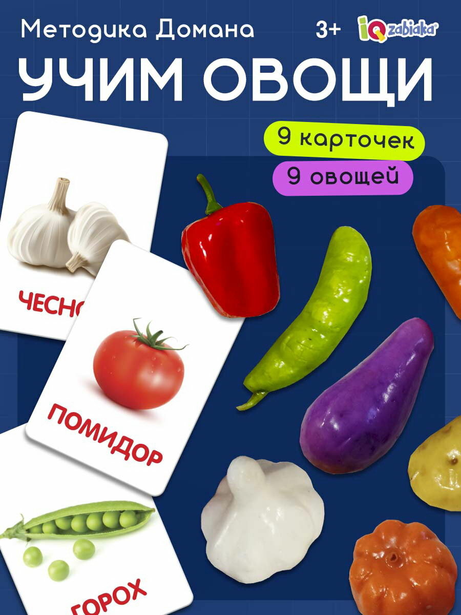 Обучающий набор по методике Г. Домана "Овощи": 9 карточек + 9 овощей, счётный материал