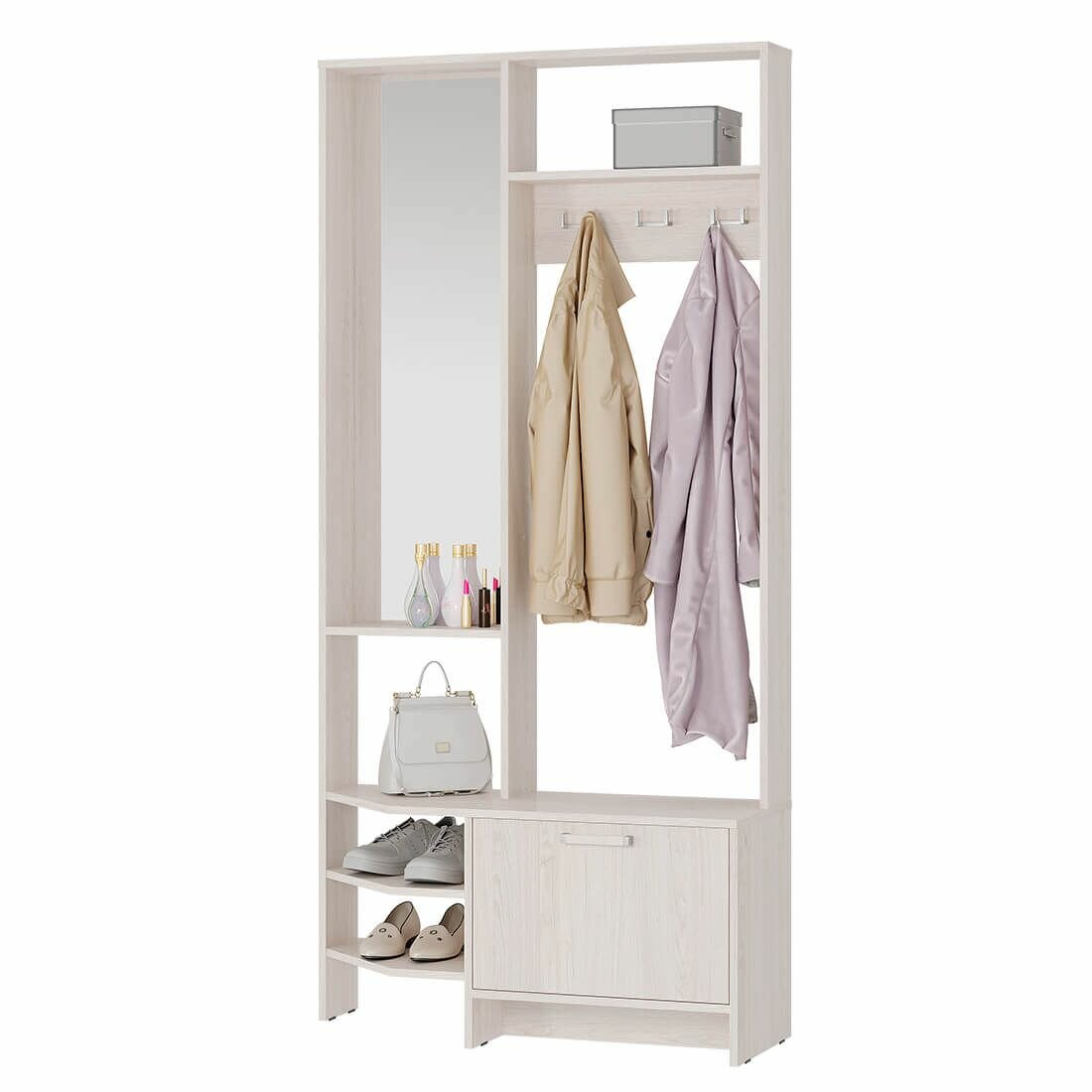 Прихожая Мебелони "Тео ПР-01", ясень, белый, с зеркалом и обувницей