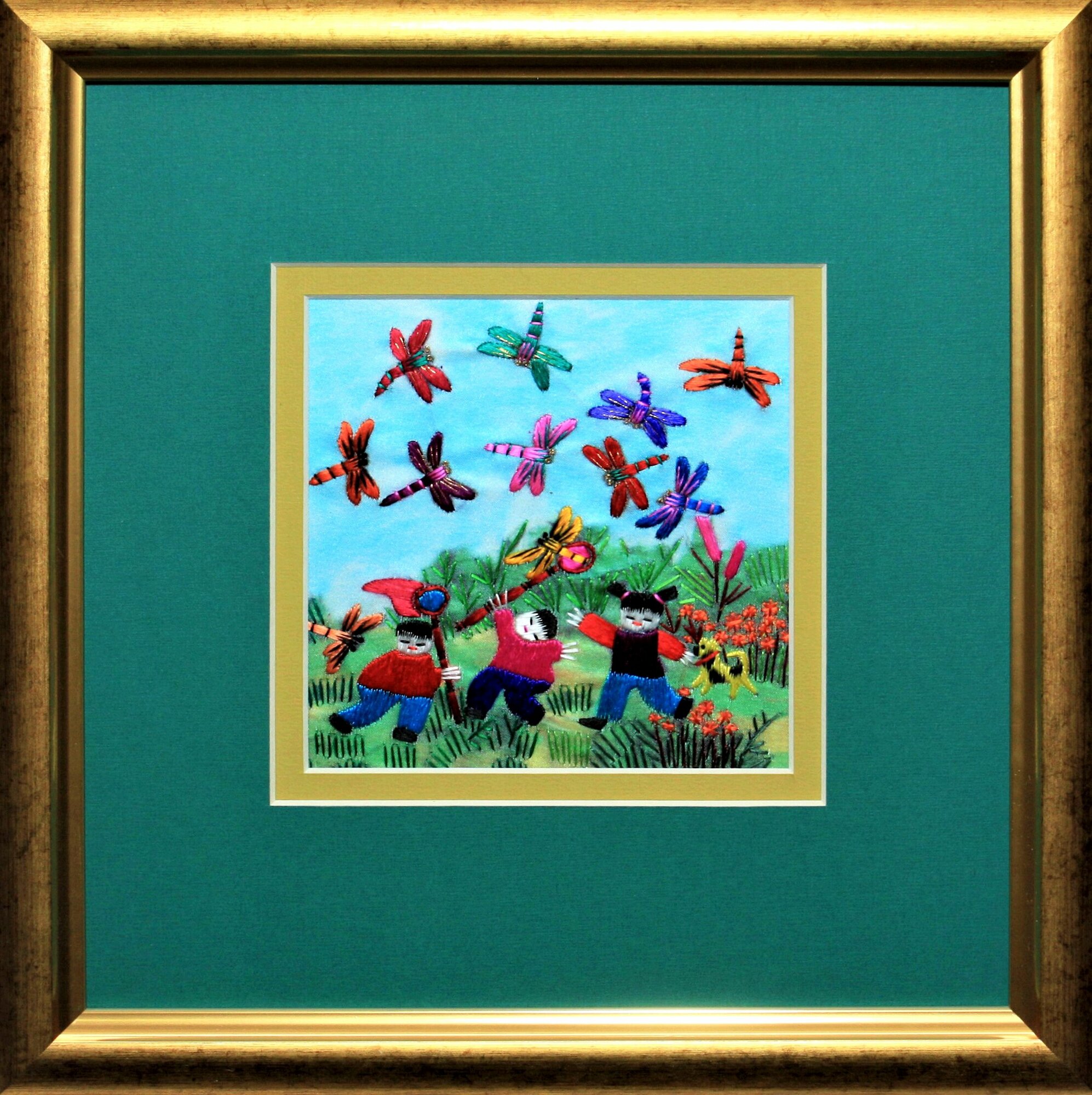 Декоративная настенная картина Живой Шелк Стрекозы, вышивка шелком ручная с 3Dэффектом/см 27,3х27,5х2/багет+паспарту