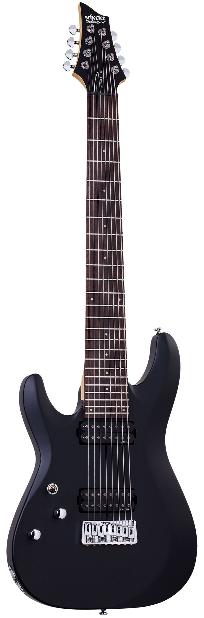 SCHECTER C-8 DELUXE SBK L/H - леворукая электрогитара, 24 лада. Корпус: липа. Гриф: клен. Накладка грифа: палисандр. Звукосниматели: Н/Н Schecter Diamond Plus. Переключатель звукоснимателей: 3-позиционный. Регуляторы: 1V/1Т. Цвет: матовый черный