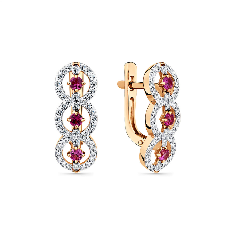 Серьги, красное золото, 585 проба, бриллиант, рубин
