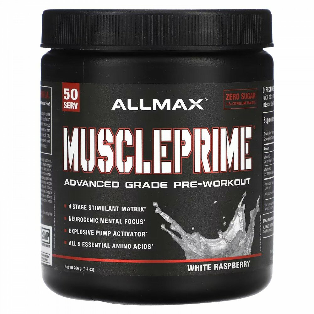 ALLMAX, MusclePrime®, предтренировочный комплекс для улучшенных продуктов, белая малина, 266 г (9,4 унции)