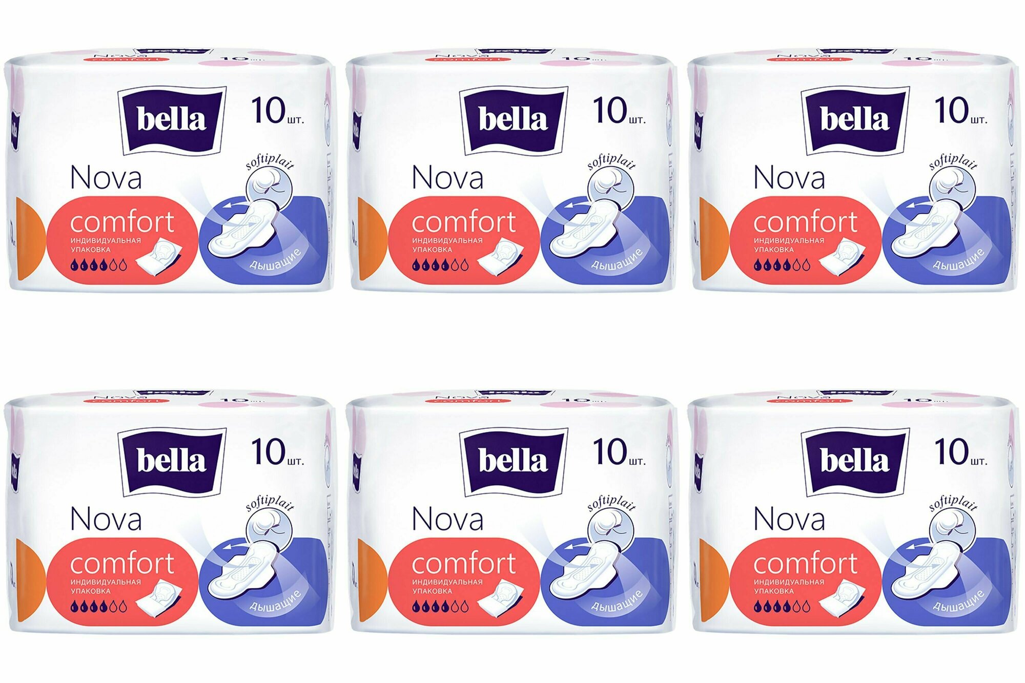Гигиенические прокладки Bella Nova Comfort Softiplait, дневные, без отдушек , 6 упаковок по 10шт