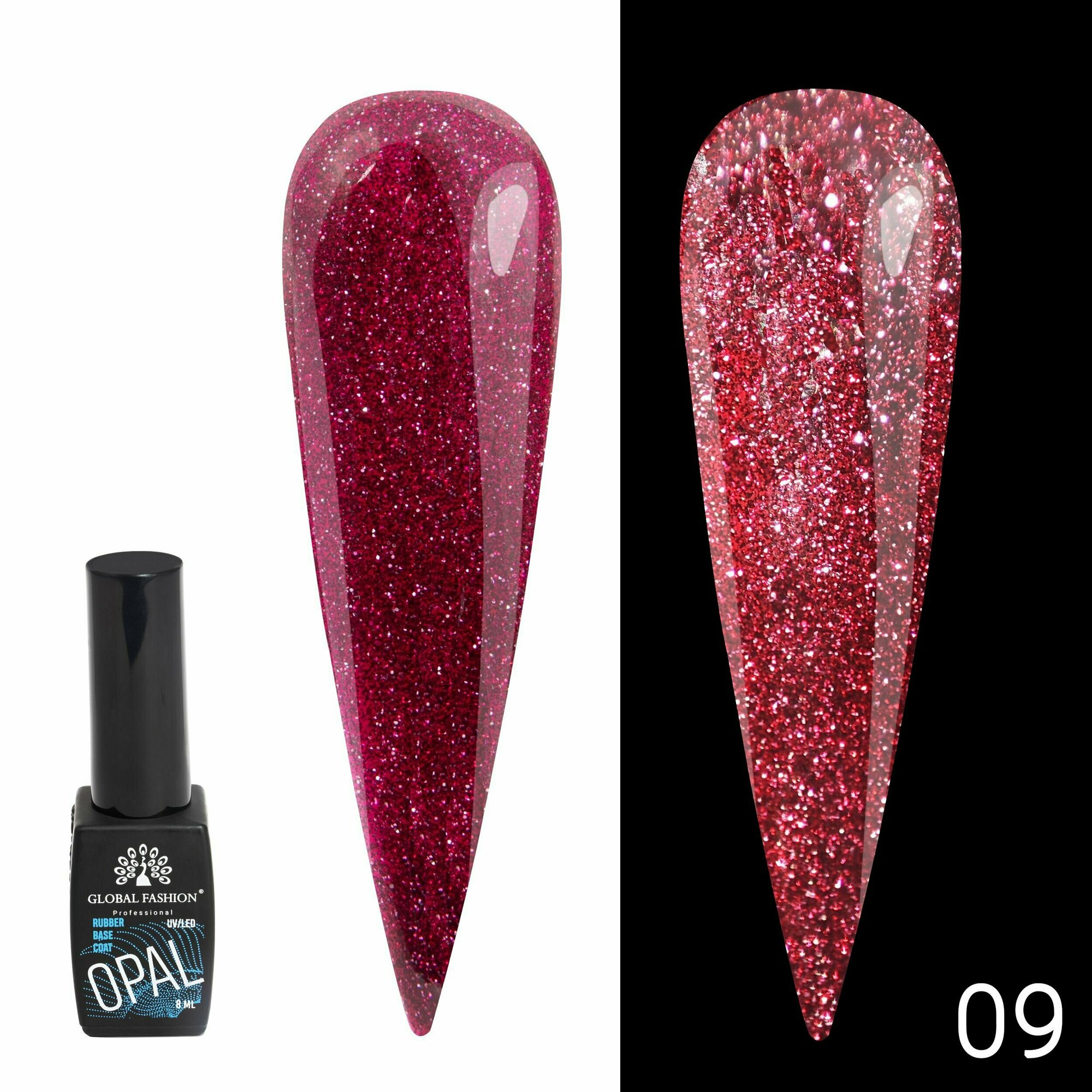 Global Fashion Светоотражающая база для гель-лака с блёстками Disco Opal / основа для ногтей с шиммером, 8 мл / 09