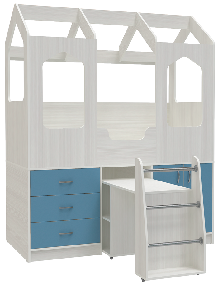 Кровать чердак Домик-Сказка с выдвижным столом ДС-14 Белое Дерево Светло Синий/Голубой