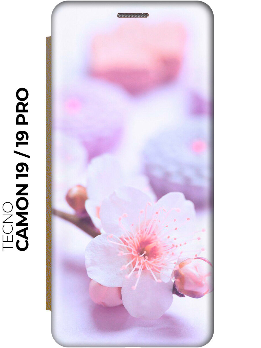 Чехол-книжка на Tecno Camon 19 / 19 Pro / Техно Камон 19 / 19 Про с рисунком "Цветок вишни" золотой