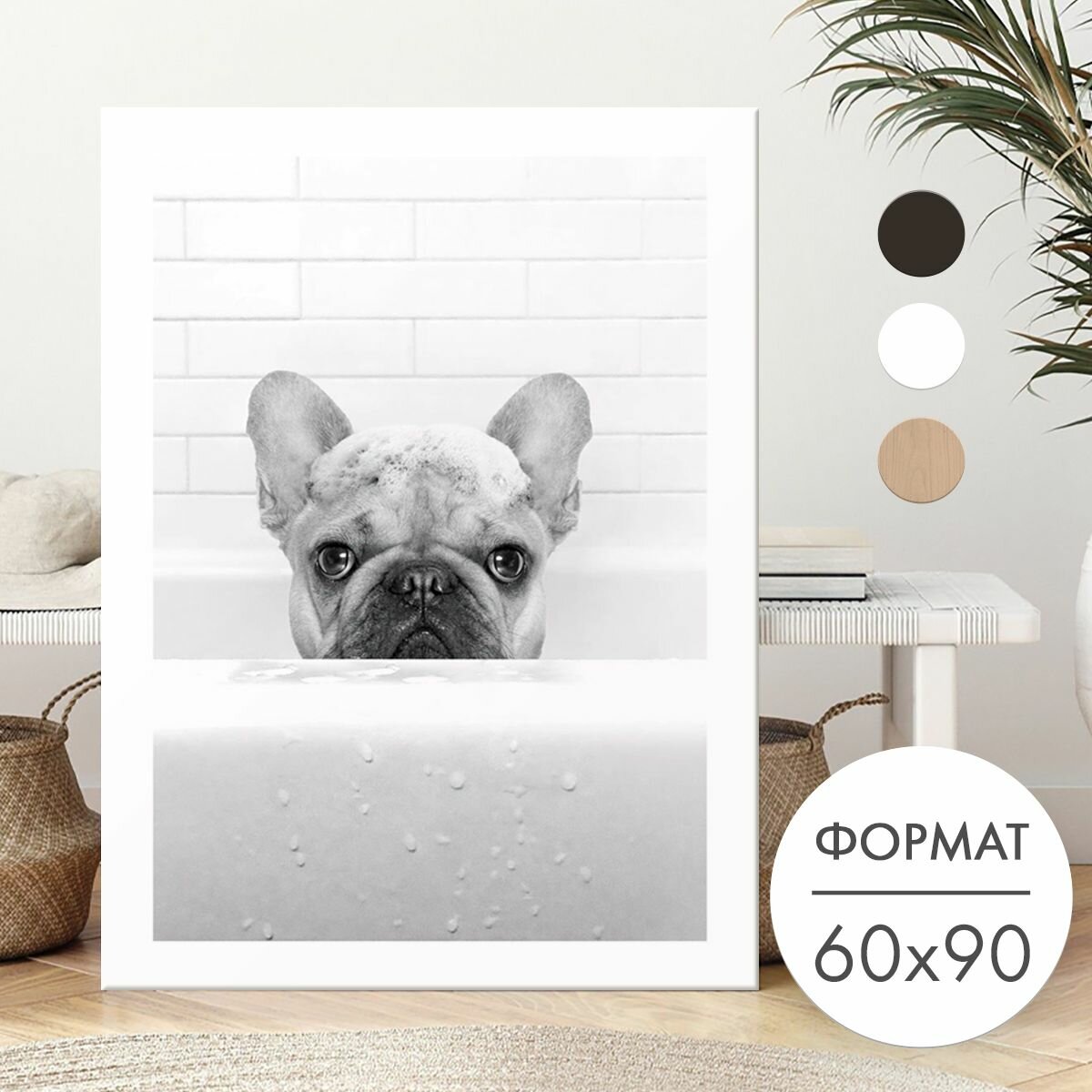 Постер 60х90 без рамки "Бульдог французский в ванной" для интерьера
