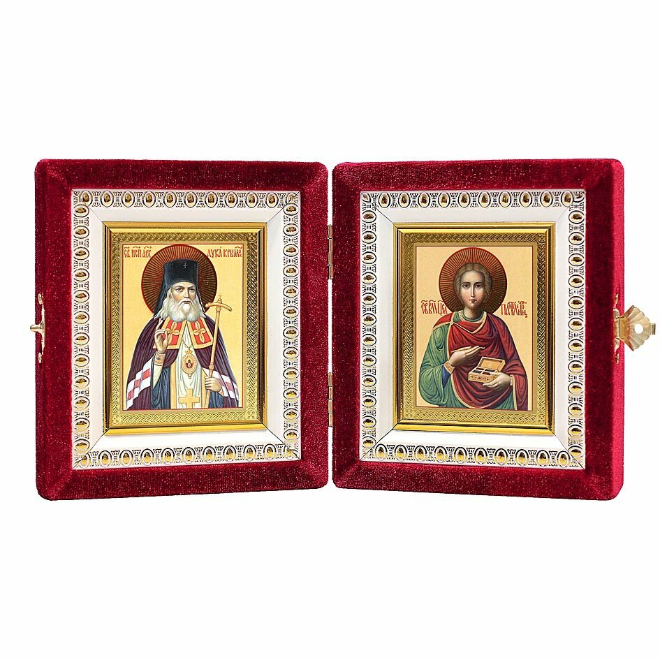 Складень бархатный "Целитель Пантелеимон (лик № 006) - Святитель Лука (лик № 022)", размер ликов 6*7,5 см