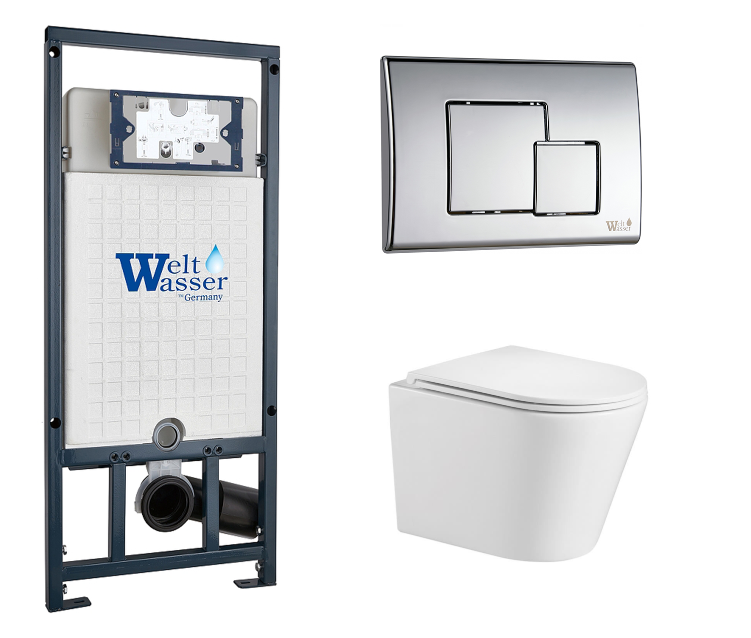 Комплект 3 в 1 инсталляция WeltWasser WW Marberg 507 + Подвесной унитаз WeltWasser Salzbach 043 GL-WT с кнопкой хром SE 10000005949 + 10000008257 + 10000005953
