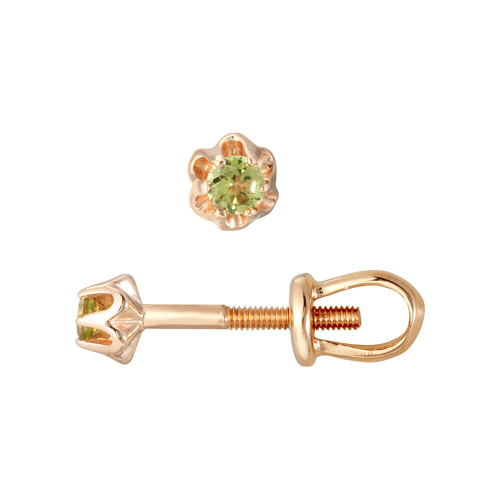 Серьги пусеты, красное золото, 585 проба, хризолит