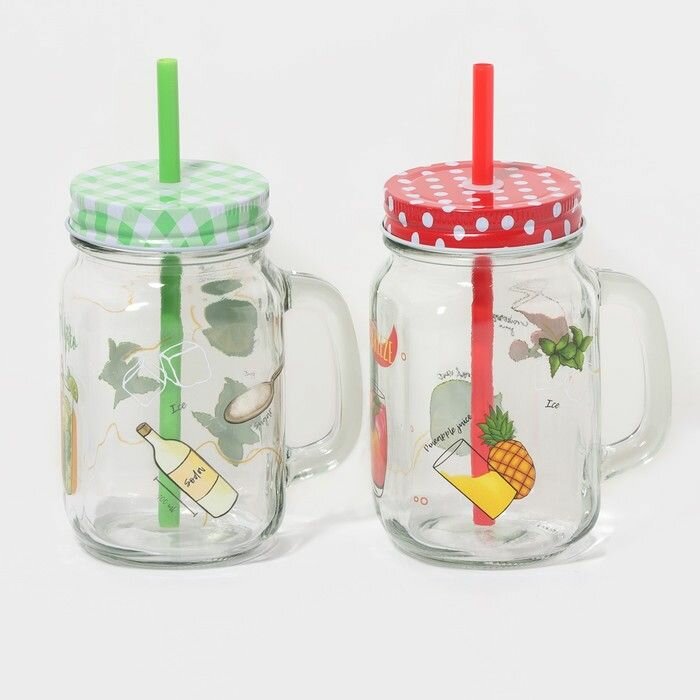 Банки для напитков Доляна "Свежий бриз", набор 2 шт: с крышками и трубочками, 450 мл, стекло