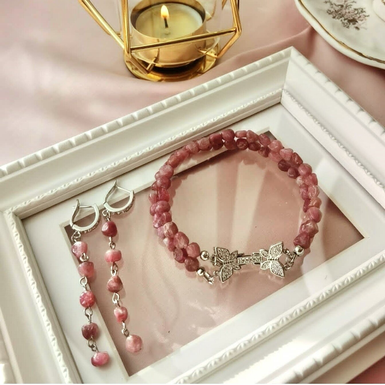 Комплект бижутерии: серьги, браслет, турмалин