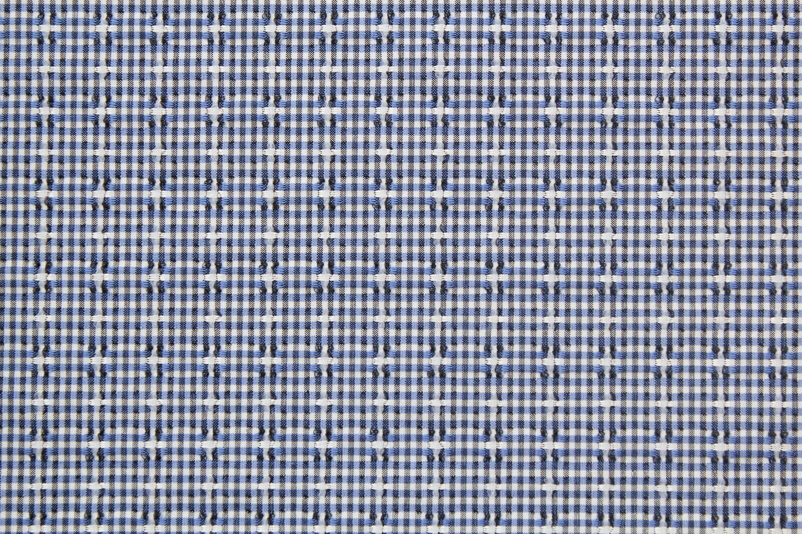 Ткань Хлопок-жаккард стрейч бело-чёрно-синяя клетка, 150 г/пм, ш150см, 0,5 м